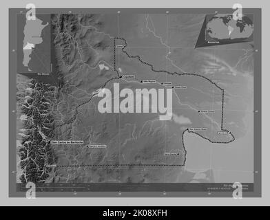 Rio Negro, province of Argentina. Grayscale elevation map with lakes ...
