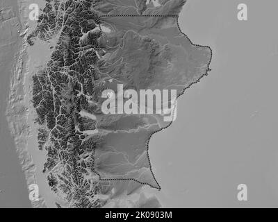 Santa Cruz, province of Argentina. Grayscale elevation map with lakes ...