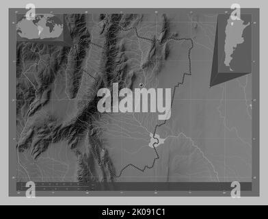 Tucuman, province of Argentina. Grayscale elevation map with lakes and ...