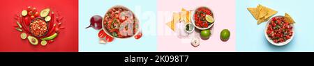 Collage of tasty salsa sauces in bowls on color background Stock Photo ...