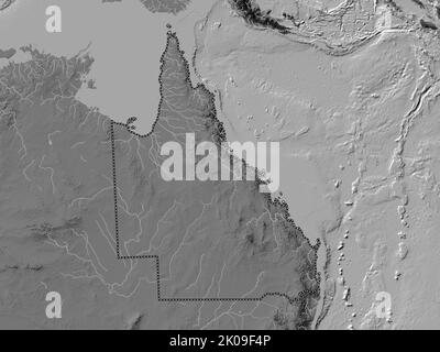 Queensland, state of Australia. Bilevel elevation map with lakes and ...