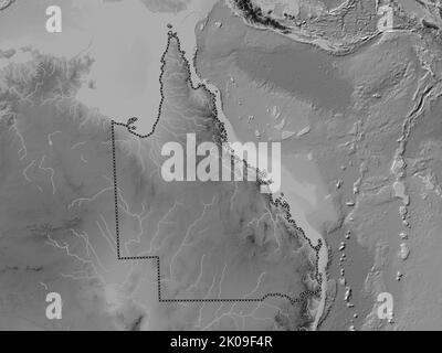 Queensland, state of Australia. Grayscale elevation map with lakes and ...