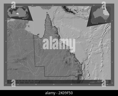 Queensland, state of Australia. Bilevel elevation map with lakes and ...