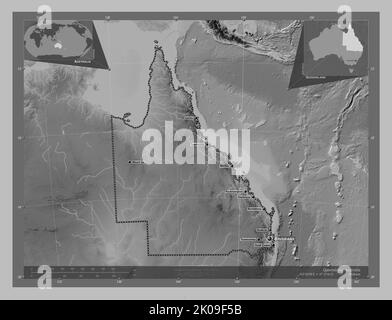 Queensland, state of Australia. Grayscale elevation map with lakes and ...