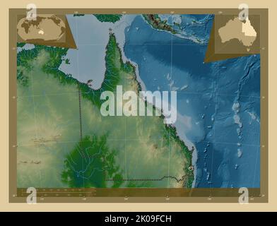 Queensland, state of Australia. Elevation map colored in wiki style ...