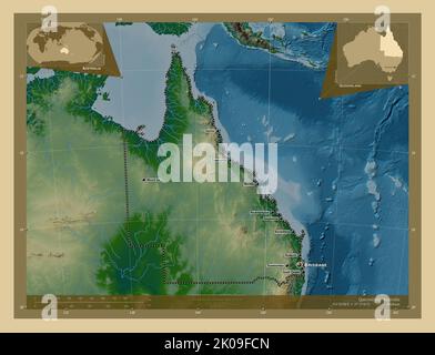 Queensland, state of Australia. Colored elevation map with lakes and ...