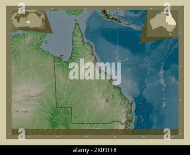 Queensland, state of Australia. Elevation map colored in wiki style ...