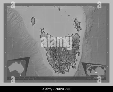 Tasmania, state of Australia. Grayscale elevation map with lakes and ...