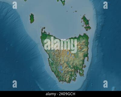 Tasmania, state of Australia. Colored elevation map with lakes and ...