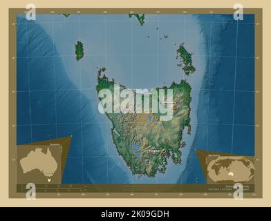 Tasmania, state of Australia. Colored elevation map with lakes and ...