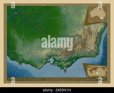 Victoria, state of Australia. Colored elevation map with lakes and ...
