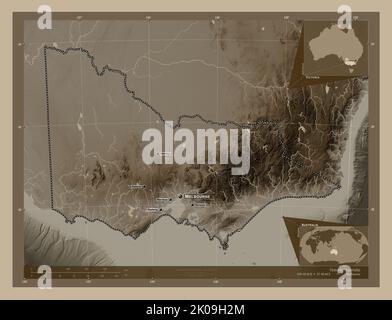 Victoria, state of Australia. Colored elevation map with lakes and ...