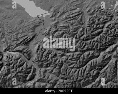 Vorarlberg, state of Austria. Grayscale elevation map with lakes and rivers. Corner auxiliary ...