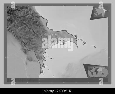 Absheron, region of Azerbaijan. Grayscale elevation map with lakes and ...