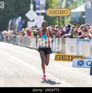 Nazret Weldu of Eritrea competing in the women’s marathon on day 8 of ...