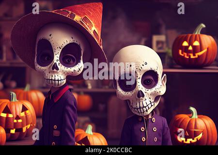 Halloween background with skeletons character and pumpkins. 3D ...