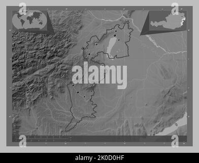 Burgenland, state of Austria. Grayscale elevation map with lakes and rivers. Corner auxiliary ...