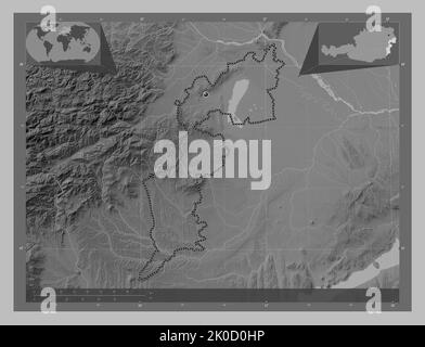 Burgenland, state of Austria. Grayscale elevation map with lakes and rivers. Corner auxiliary ...