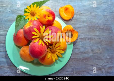 Ripe apricots decorated with yellow flowers on a plate on a wooden ...