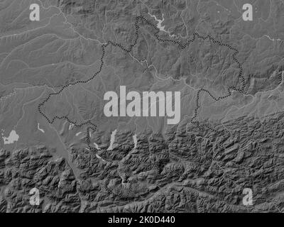 Oberosterreich, state of Austria. Grayscale elevation map with lakes and rivers. Corner ...