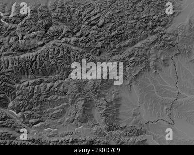 Steiermark, state of Austria. Grayscale elevation map with lakes and rivers. Locations and names ...
