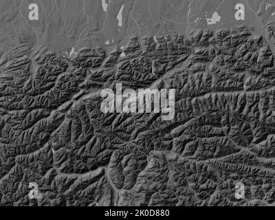 Tirol, state of Austria. Grayscale elevation map with lakes and rivers. Corner auxiliary ...
