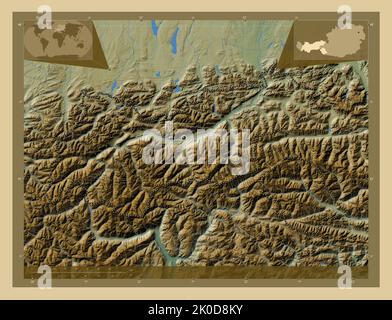 Tirol, state of Austria. Colored elevation map with lakes and rivers ...