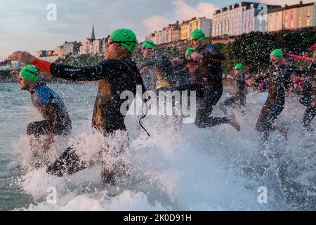 TENBY, UK. 11th Sep, 2022. Ironman Wales Swim Start, North Beach, Wales ...