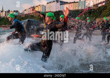 TENBY, UK. 11th Sep, 2022. Ironman Wales Swim Start, North Beach, Wales ...