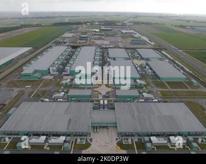 Drone aerial view of new Microsoft datacenters . The huge buildings are ...