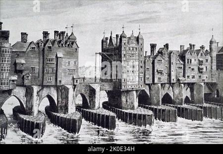 Old London Bridge, Southwark End, showing heads over Traitors Gate ...