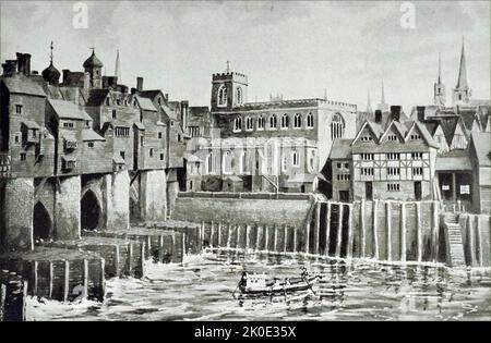 Old London Bridge, Southwark End, showing heads over Traitors Gate ...