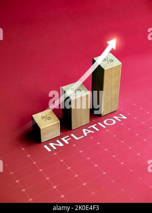 3D. INFLATION word on a wooden cube on coins in idea, world economics ...