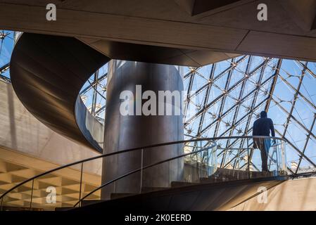 Curved staircase in the underground lobby of the Louvre pyramid of the ...