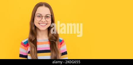 happy tween girl look through eyeglasses. vision acuity. eyesight ...