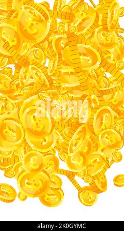 British pound coins falling. Scattered gold GBP coins. United Kingdom ...