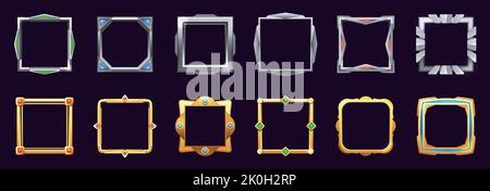 Fantasy game square gold user avatar frame set cartoon vector label ...