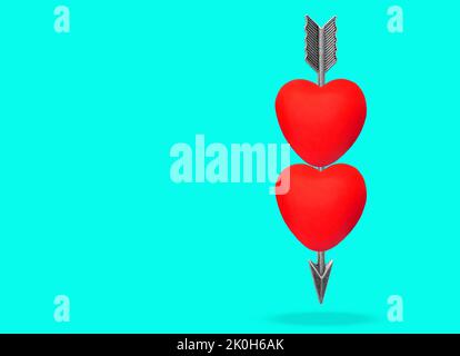 Feathered bow arrow running through two red hearts isolated on white ...