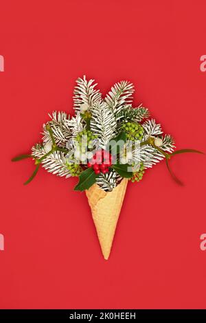 Christmas fun decorative surreal ice cream cone concept with snow ...
