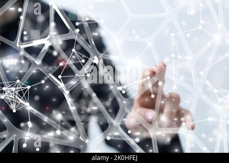 A closeup of a businessman touching 3d futuristic patterns - Digital ...