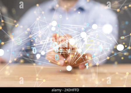 A closeup of a businessman touching 3d futuristic patterns - Digital ...