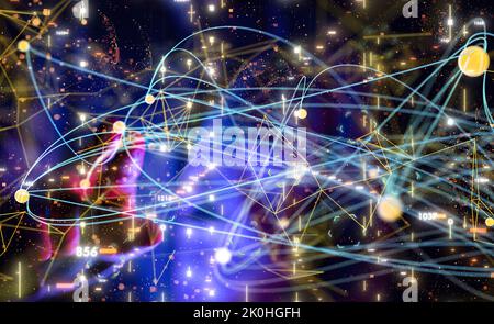 The fingers taping on the neural network illustration - digital data ...