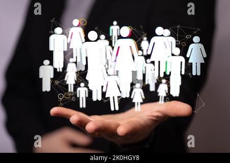 A businessman showing 3D rendered user icons in cyberspace floating on ...