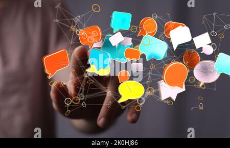A finger pointing to 3d floating massage envelop icons - a concept of ...