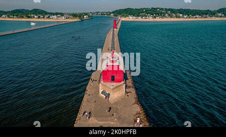 An aerial view of the reed barn on the pier of Grand Haven State Park ...