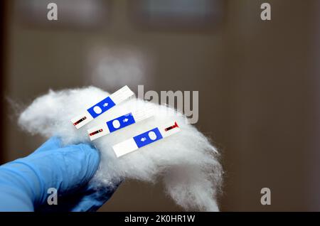 Used blood glucose rapid electronic test strips with blood inside its ...