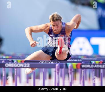 Joshua Zeller of GB&NI competing in the men’s 110m hurdles at the World ...