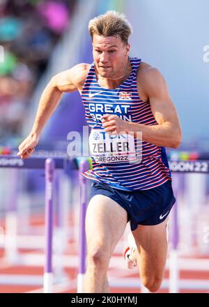Joshua Zeller of GB&NI competing in the men’s 110m hurdles at the World ...