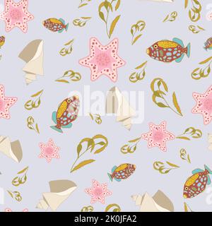 Seamless pattern with sea shells and sea stars, flat vector ...