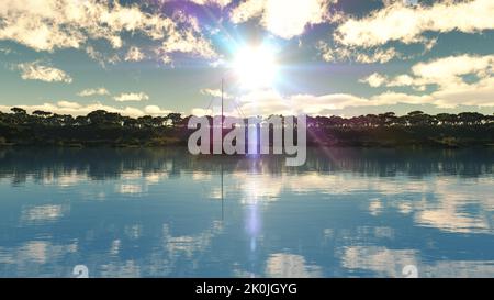 Beautiful sunset over the tropical lagoon, illustration 3d rendering ...